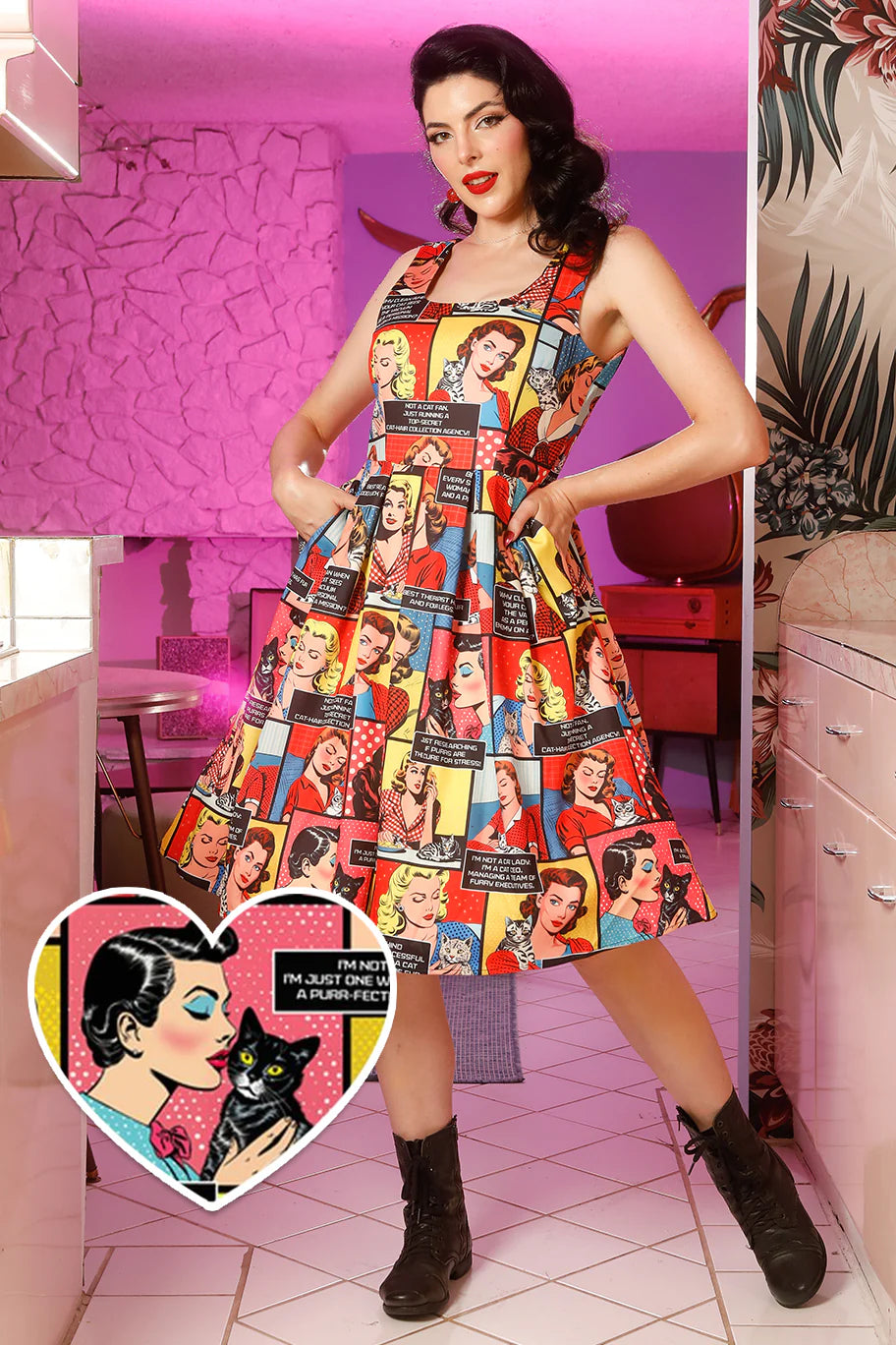 Amanda Cat Comic Strip Dress – Love Daphne